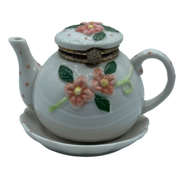 Accents | Miniature Teapot And Saucer Peach Floral Porcelain Trinket ...